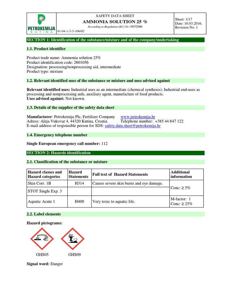 Ammonia Solution 25 %: SECTION 1: Identification of The Substance ...