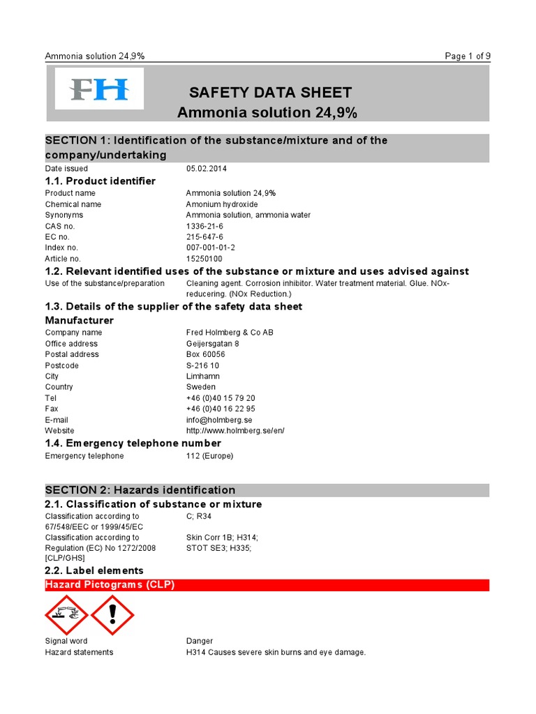 Safety Data Sheet Ammonia Solution 24,9% | PDF | Dangerous Goods ...