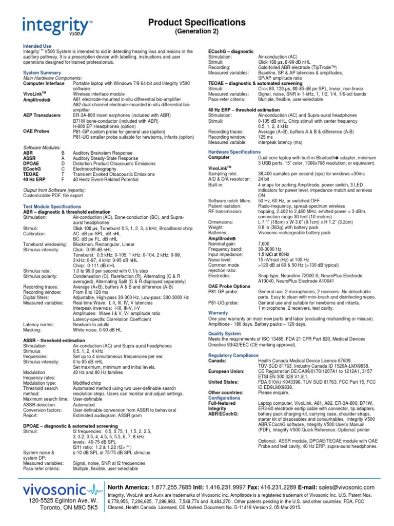 Vivosonic Poduct Specifications Integrity v500 g2 System | PDF ...