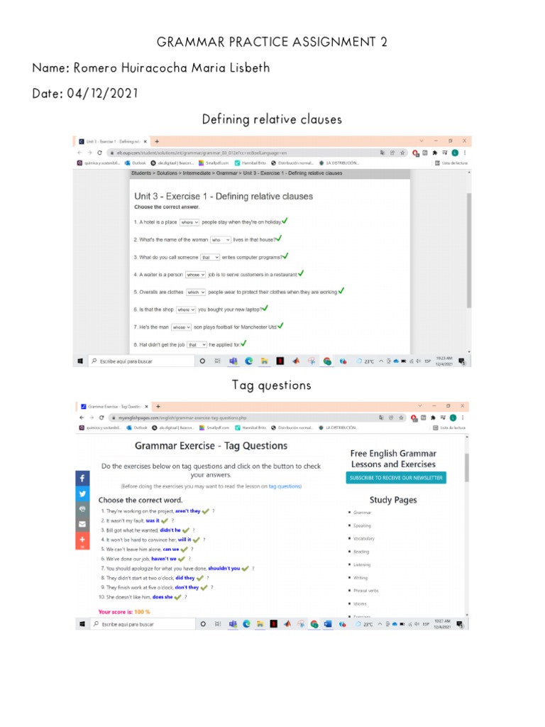 GRAMMAR PRACTICE ASSIGNMENT 2 - Romero Lisbeth | PDF