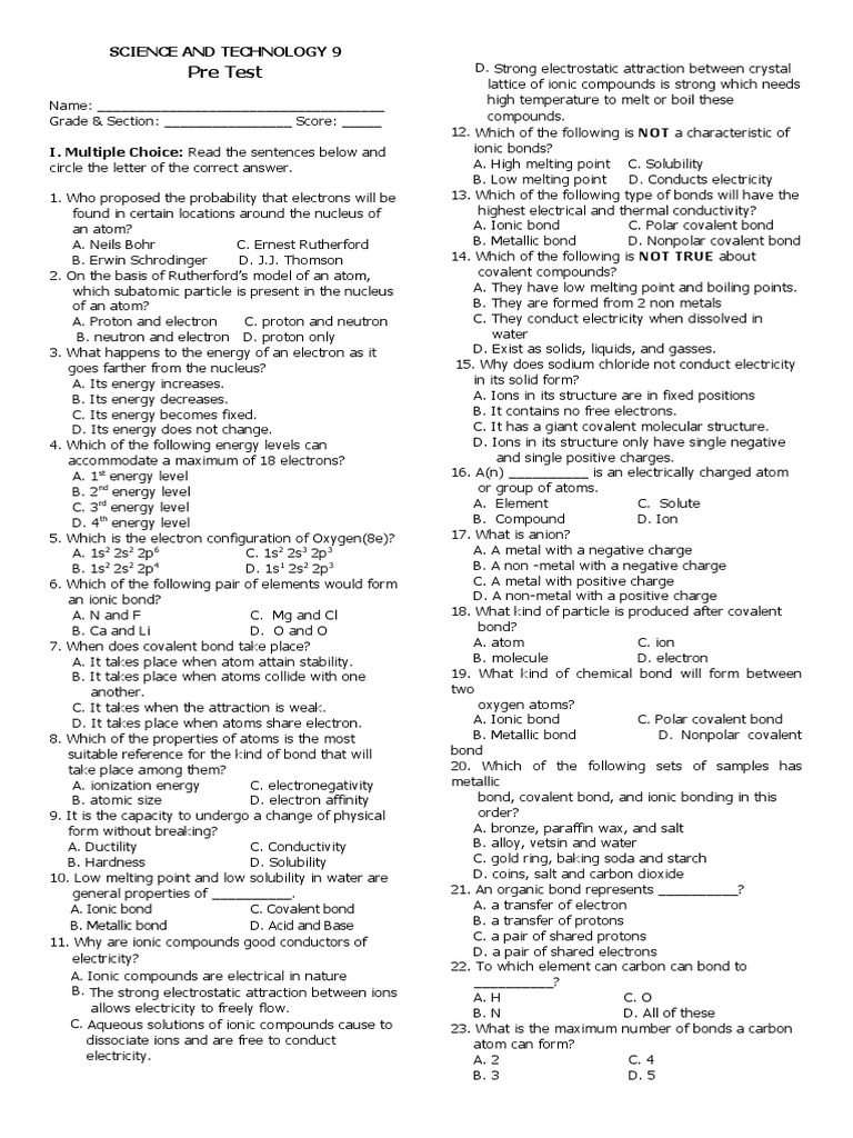 Pre Test: Science and Technology 9 | PDF | Chemical Bond | Ion