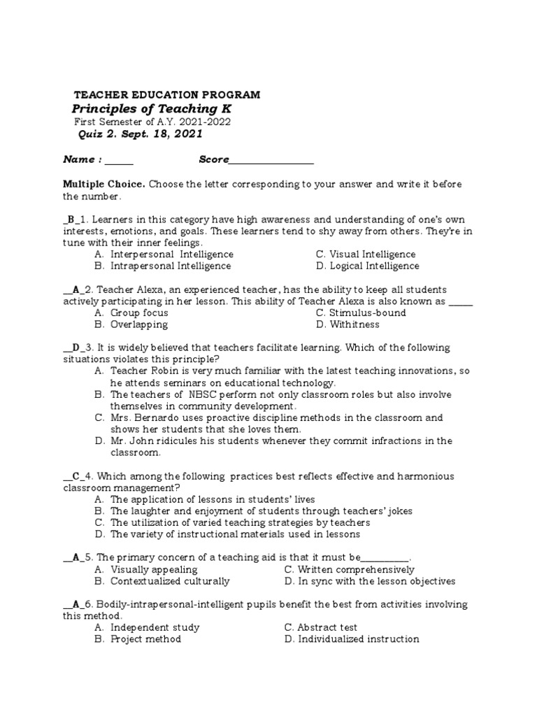Principles of Teaching Quiz 2 | PDF | Teachers | Lesson Plan