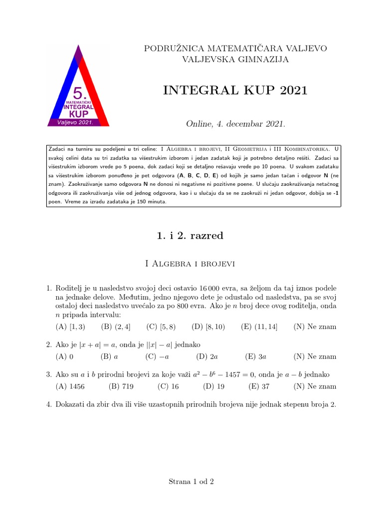 Integral Kup 2021. Zadaci Za 1. I 2. Razred Gimnazije | PDF