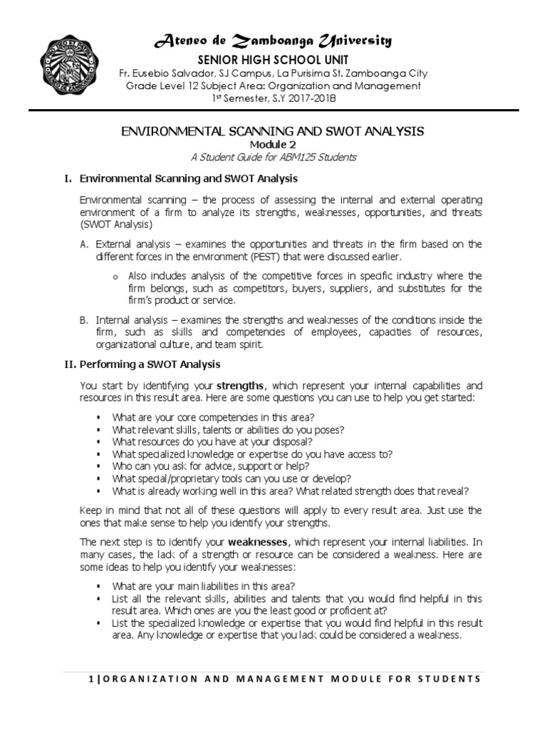 Module 2 - Environmental Scanning and SWOT Analysis | PDF | Swot ...