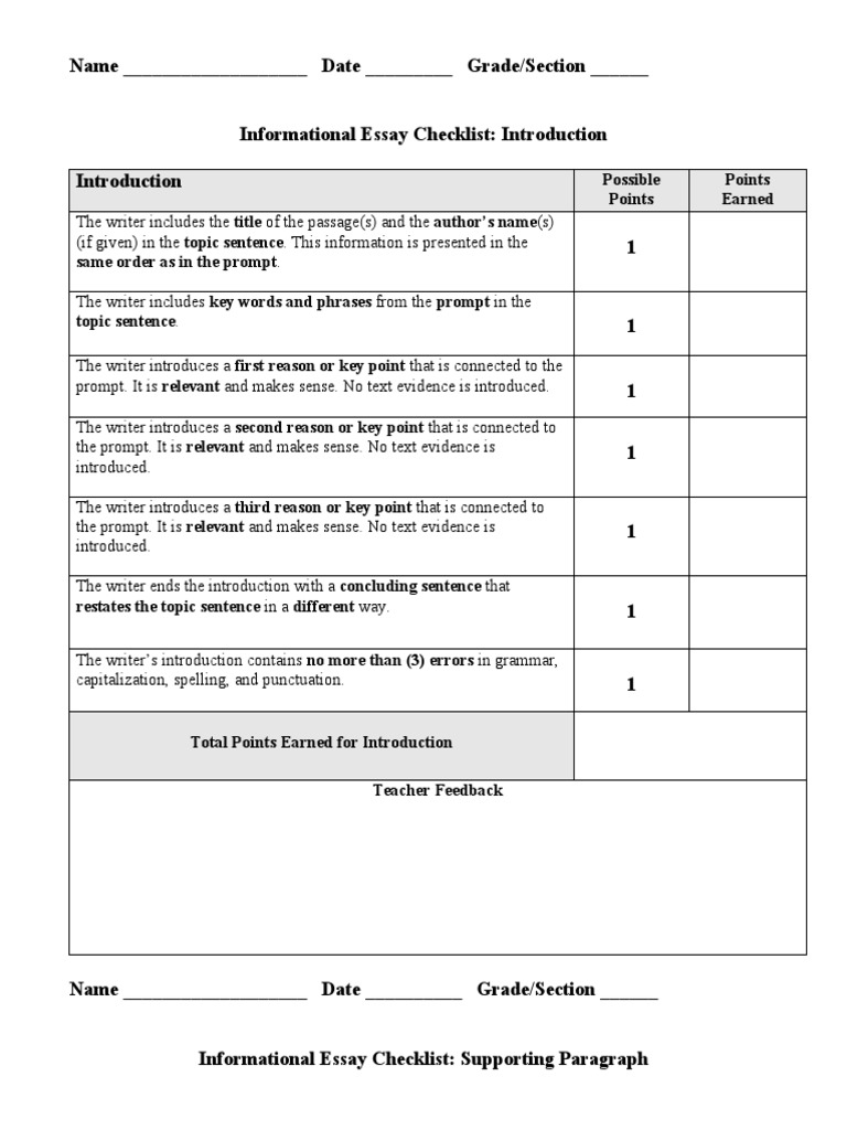 Informational Essay Checklist 2019-20 | PDF | Paragraph | Phrase
