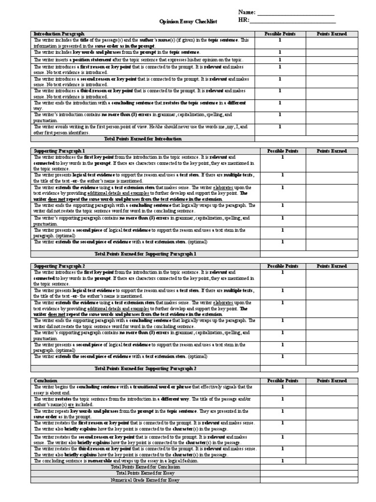 Opinion Checklist Teacher | PDF | Paragraph | Writers
