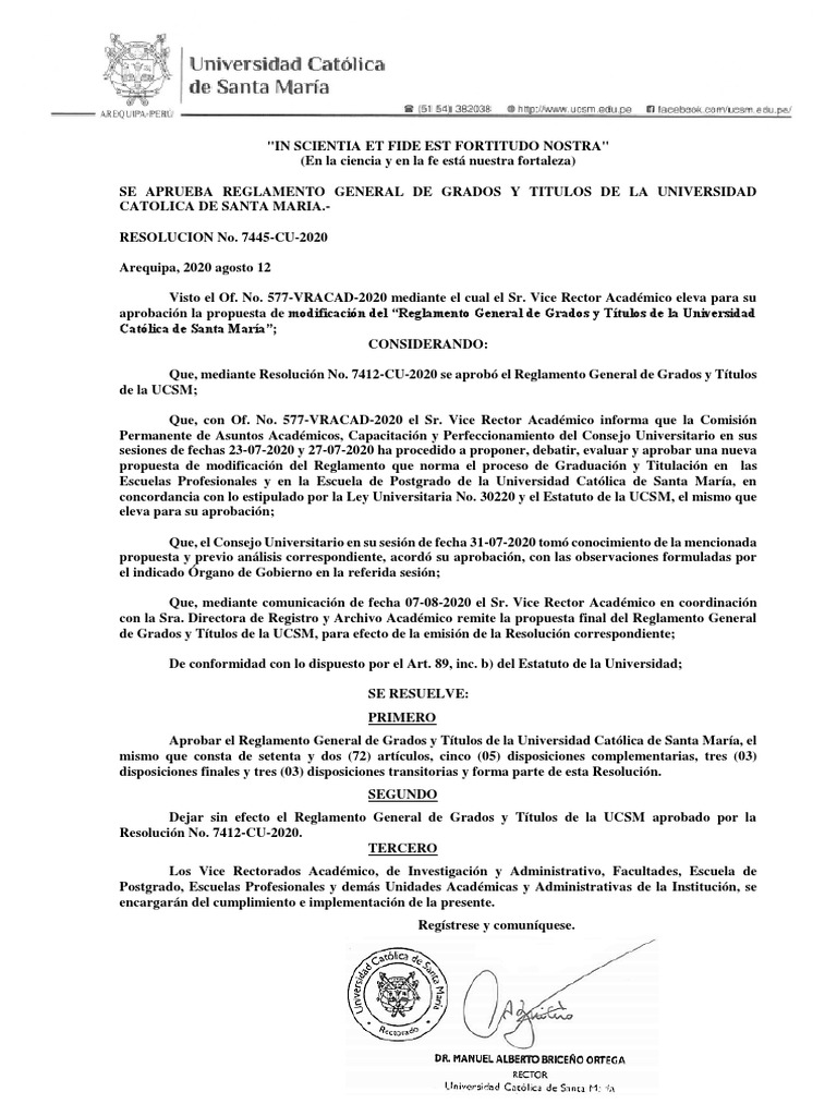 Reglamento de Graduación y Titulación de la Universidad Católica de Santa María | PDF | Titulo ...