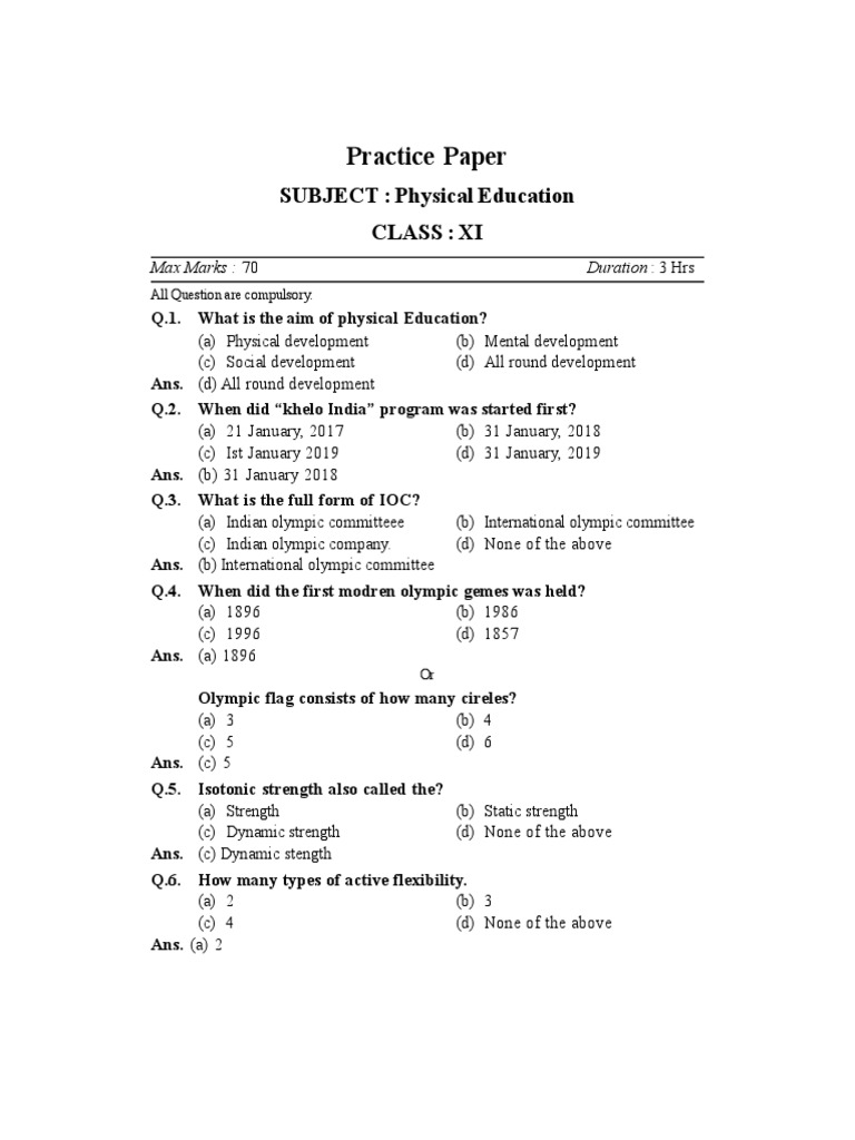 Class XI Physical Education Practice Paper | PDF | Physical Fitness ...