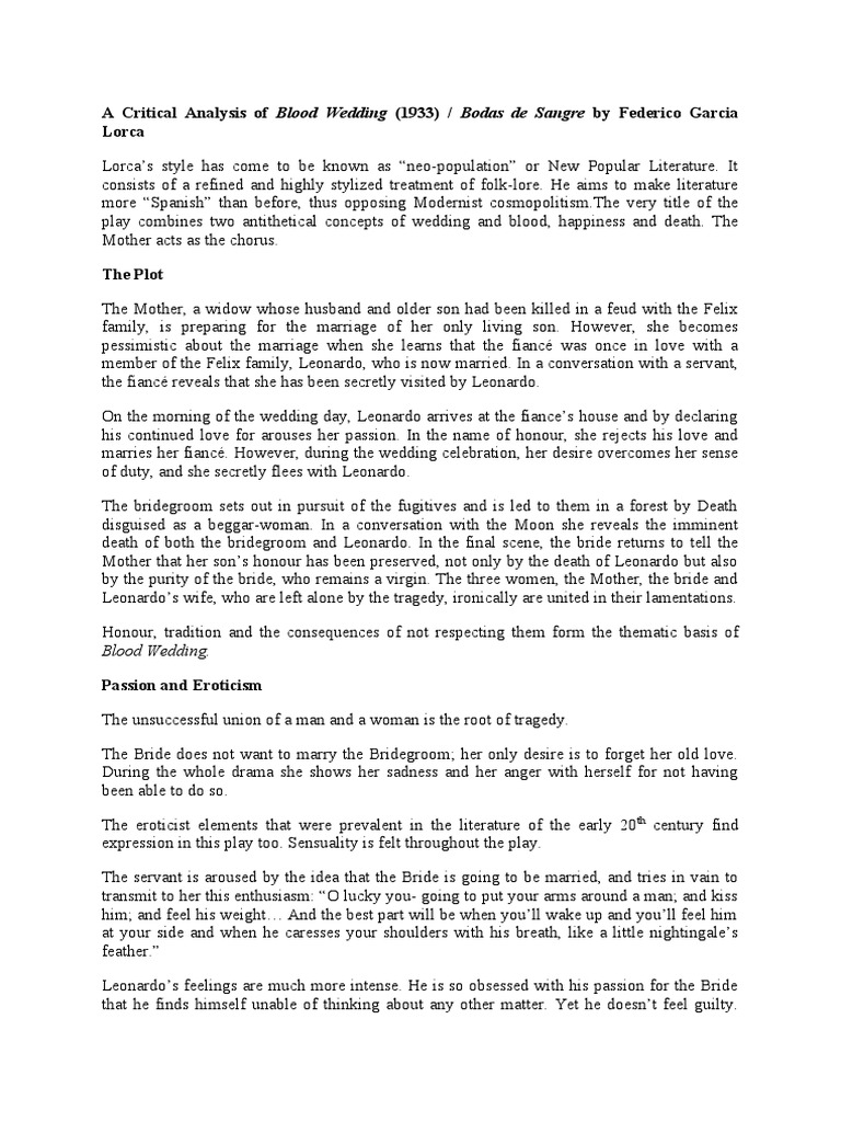A Critical Analysis of Blood Wedding (1933) / Bodas de Sangre by ...