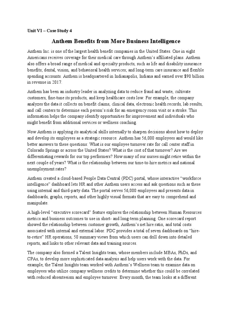Anthem Benefits From More Business Intelligence: Unit VI - Case Study 4 ...