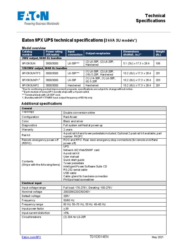 Technical Specifications Eaton 9PX UPS Technical Specifications ( | PDF ...