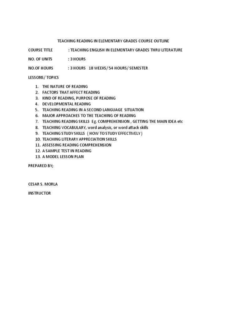 Teaching Reading in Elementary Grades Course Outline | PDF | Language ...
