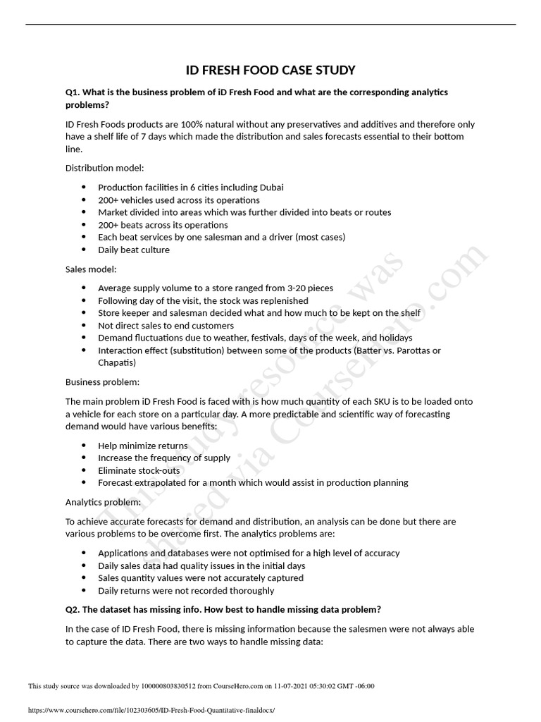 This Study Resource Was: Id Fresh Food Case Study | PDF | Statistical ...