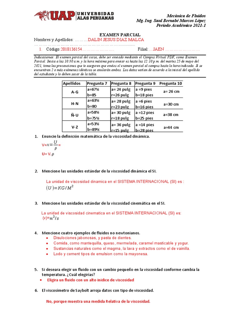 Examen Parcial de Mecanica de Fluidos | PDF | Viscosidad | Mecánica de fluidos