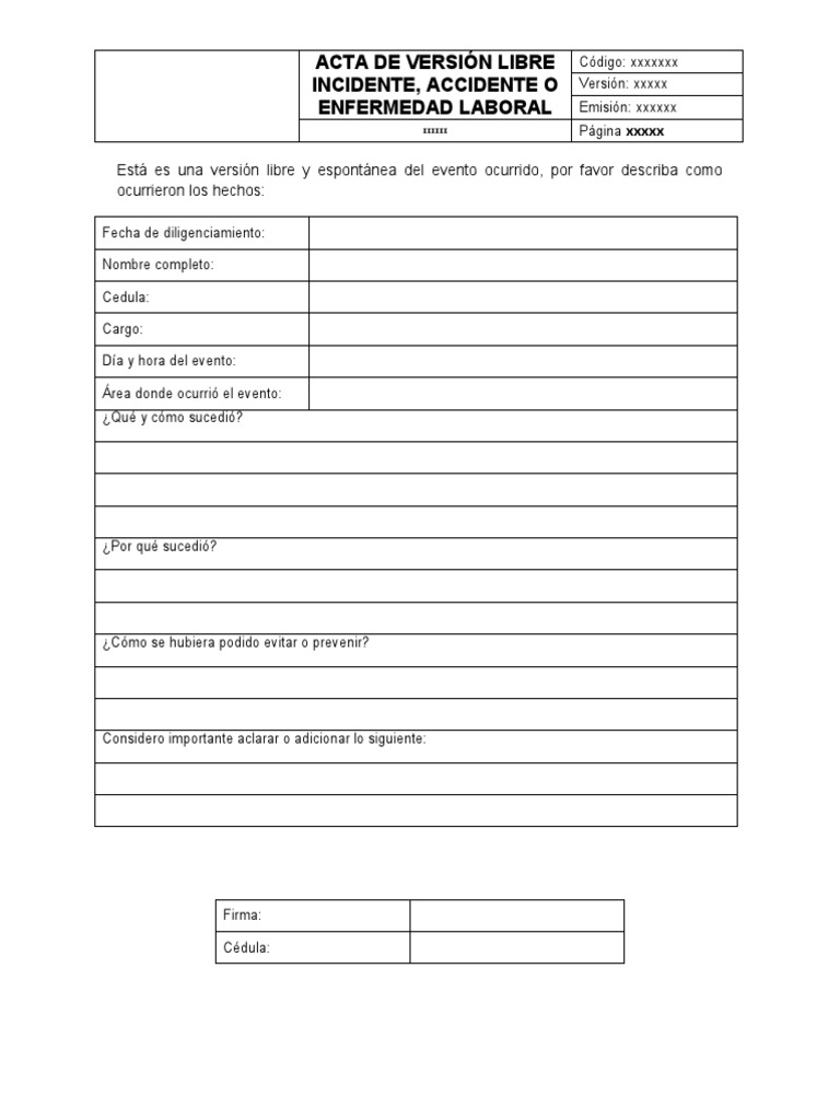 Acta de Versión Libre Incidente - Accidente o Enfermedad Laboral | PDF