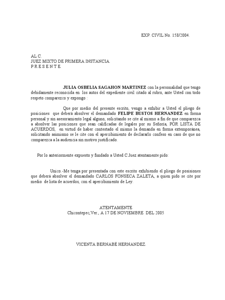 Solicitud de citación del demandado para absolver posiciones en proceso civil | PDF