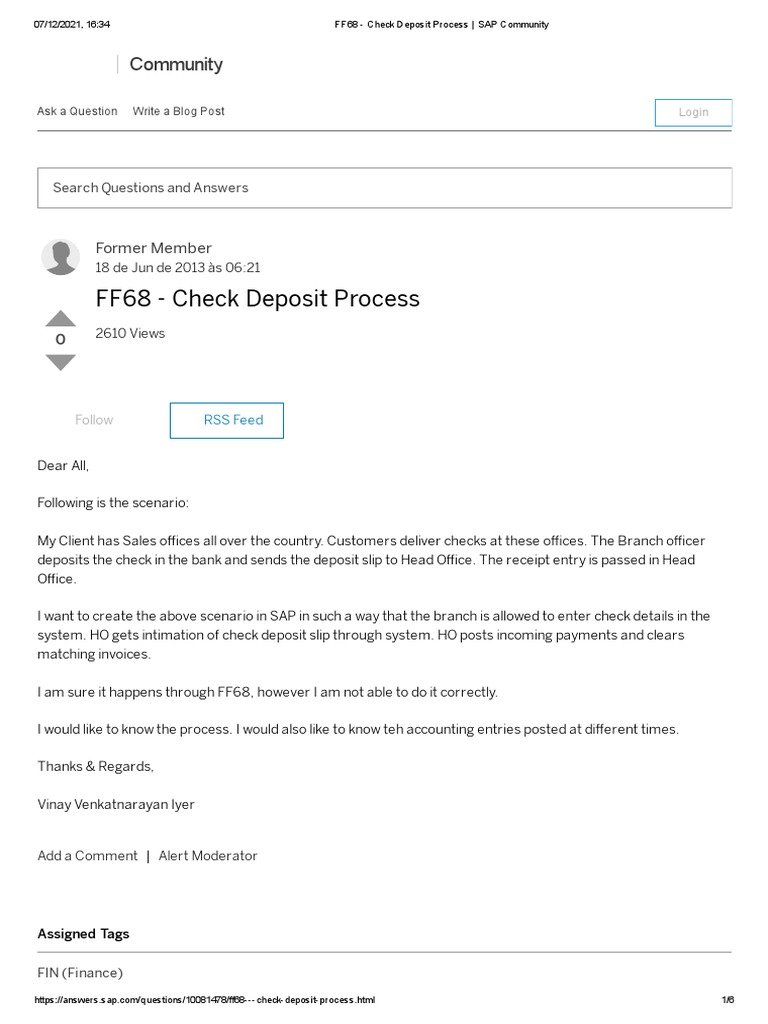 FF68 - Check Deposit Process - SAP Community | PDF | Banks | Deposit ...