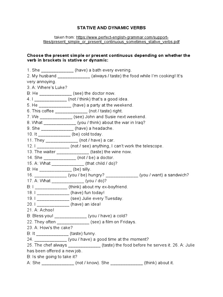 Stative and Dynamic Verbs EXE | PDF | Language Arts & Discipline | Self ...