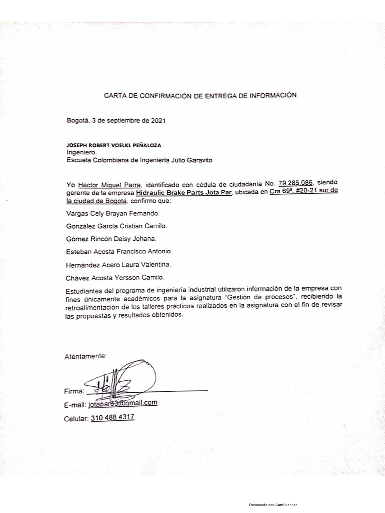 Carta de Confirmación de Entrega de Información | PDF