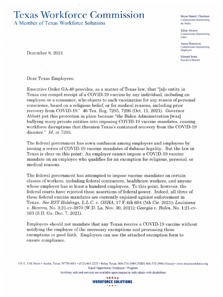 Letter Employers COVID 19 Vac Mandate | PDF