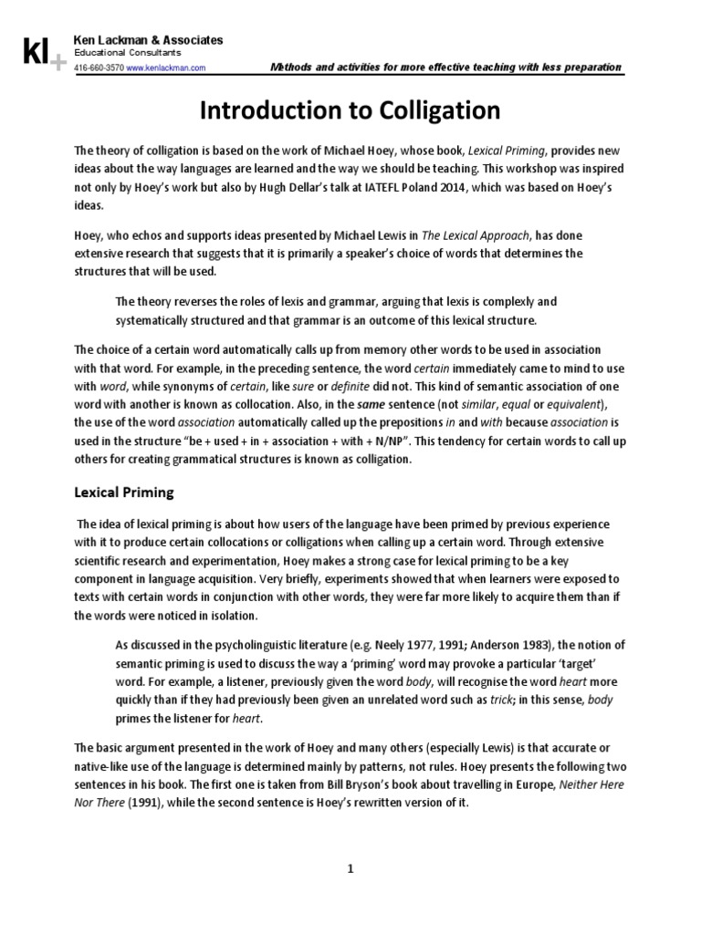 Introduction To Colligation: Lexical Priming | PDF | Word | Reading ...