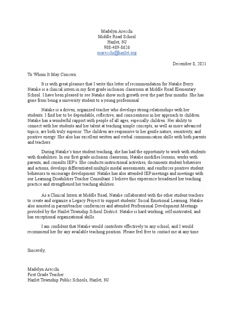 NB Letter of Recommendation | PDF | Teachers | Inclusion (Education)