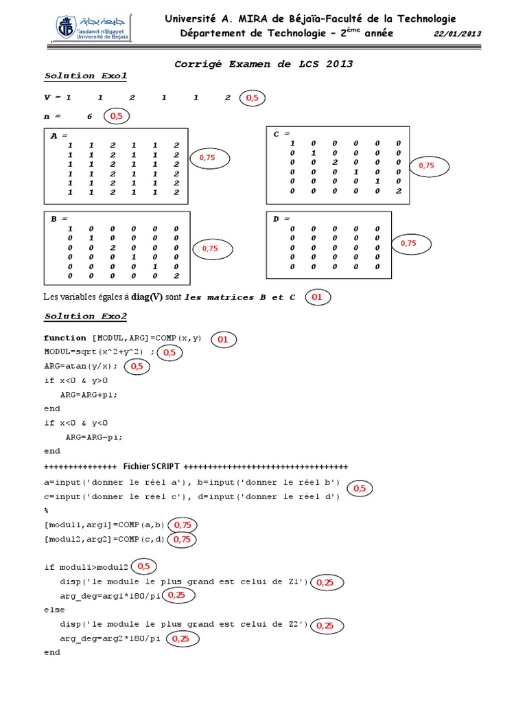 CORRIGE Examen Matlab 2013 | PDF | Algèbre linéaire | Algèbre