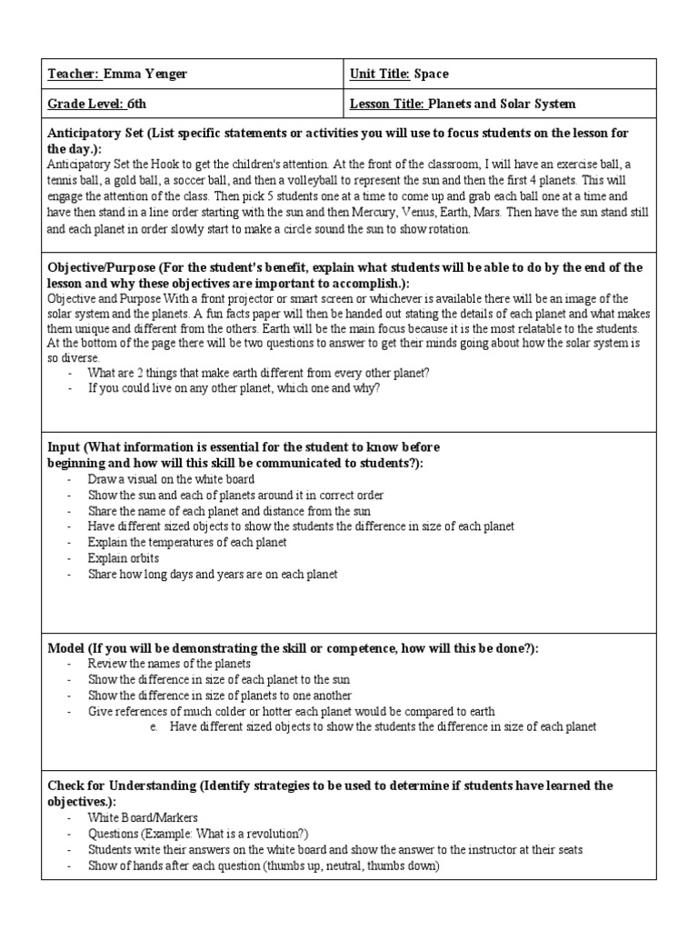 Madelinehunterlessonplan Emmayenger | PDF | Planets | Solar System