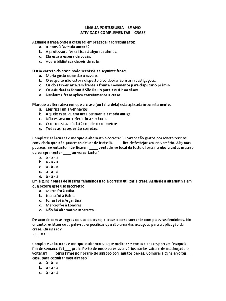 Atividade Complementar 2 - Crase - Atividades | PDF