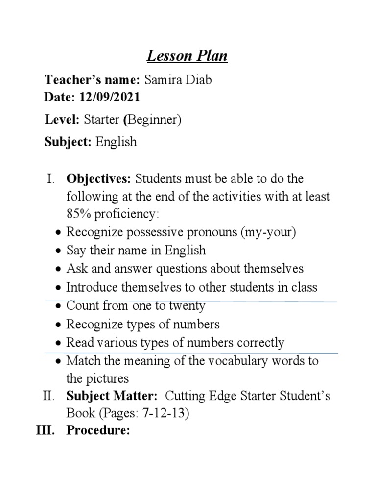 Lesson Plan: Teacher's Name: Samira Diab Date: 12/09/2021 Level ...