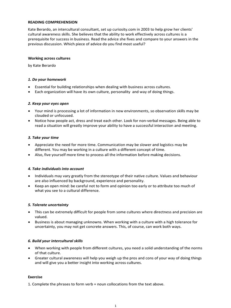 BR 1 6 Working Across Cultures Reading Exercises | PDF | Cross Cultural ...
