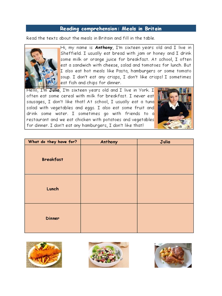 Reading Comprehension: Meals in Britain: Anthony Julia | PDF | Meal | Lunch