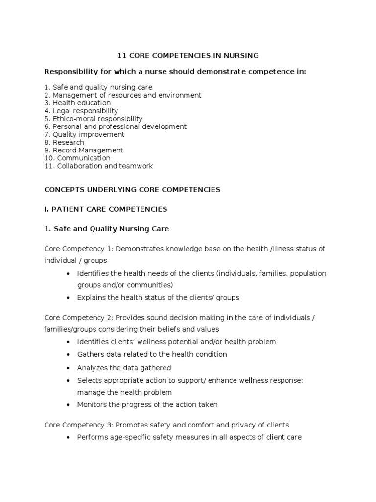 11 Core Competencies in Nursing | PDF | Health Education | Health Care