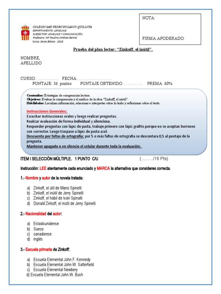 Prueba Zinkoff El Inùtil 6º Básico Diferencial | PDF | Escritura