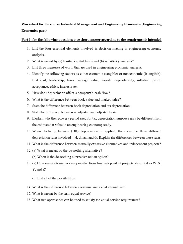 Worksheet For The Course Industrial Management and Engineering ...