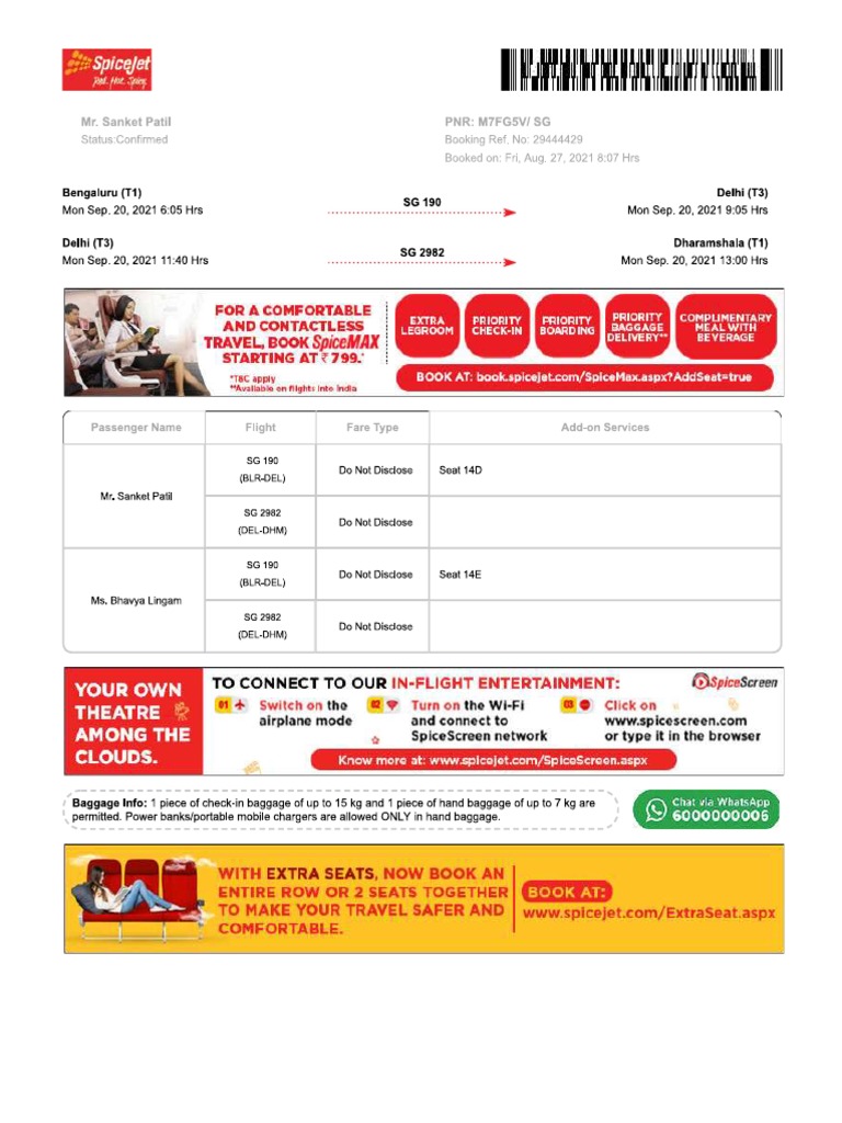 Airplane Ticket Format For Spice Jet | PDF