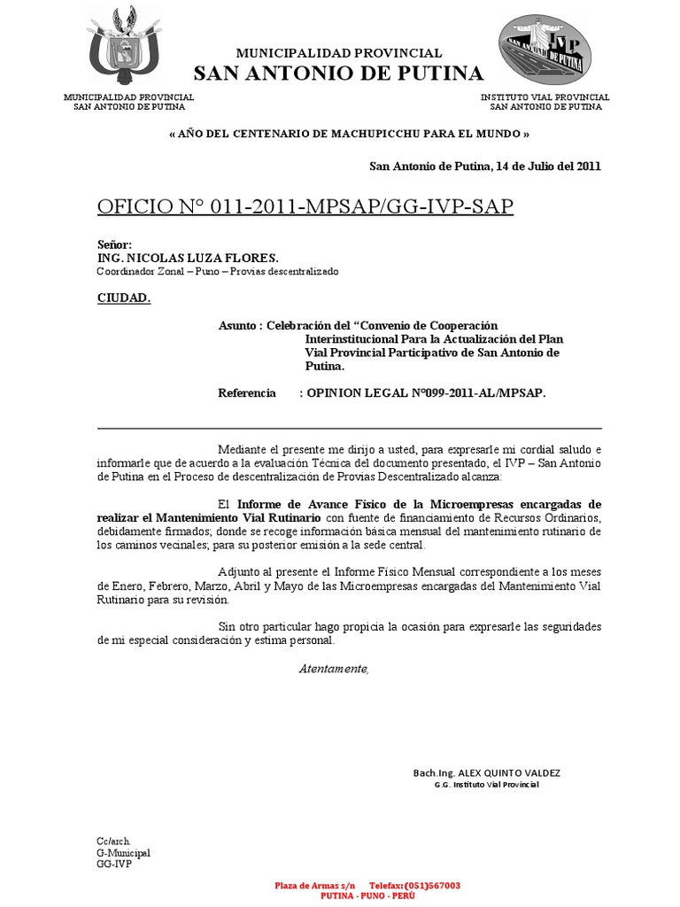 Oficio Nro 011 (Firma de Convenio) | PDF
