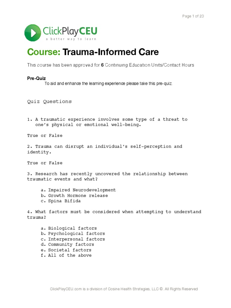 Pre Quiz | PDF | Psychological Trauma | Complex Post Traumatic Stress ...