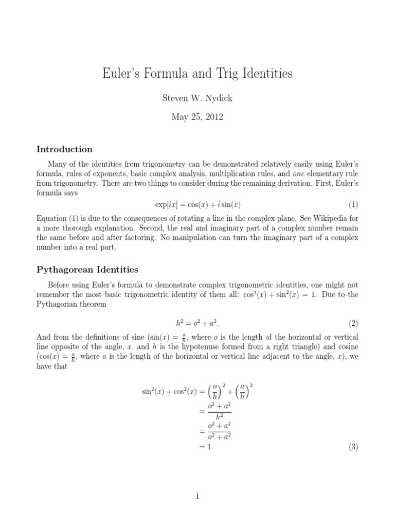 Eulers Formula And Trig Identities Download Free Pdf Sine Trigonometric Functions