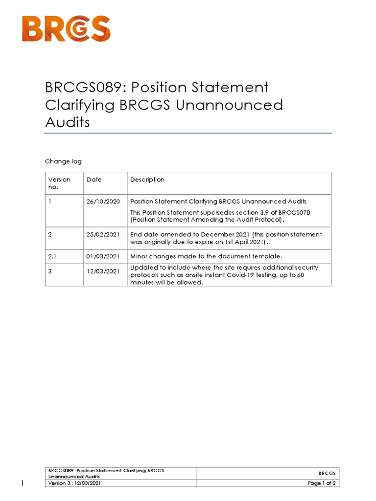 BRCGS089: Position Statement Clarifying BRCGS Unannounced Audits | Download Free PDF | Audit ...