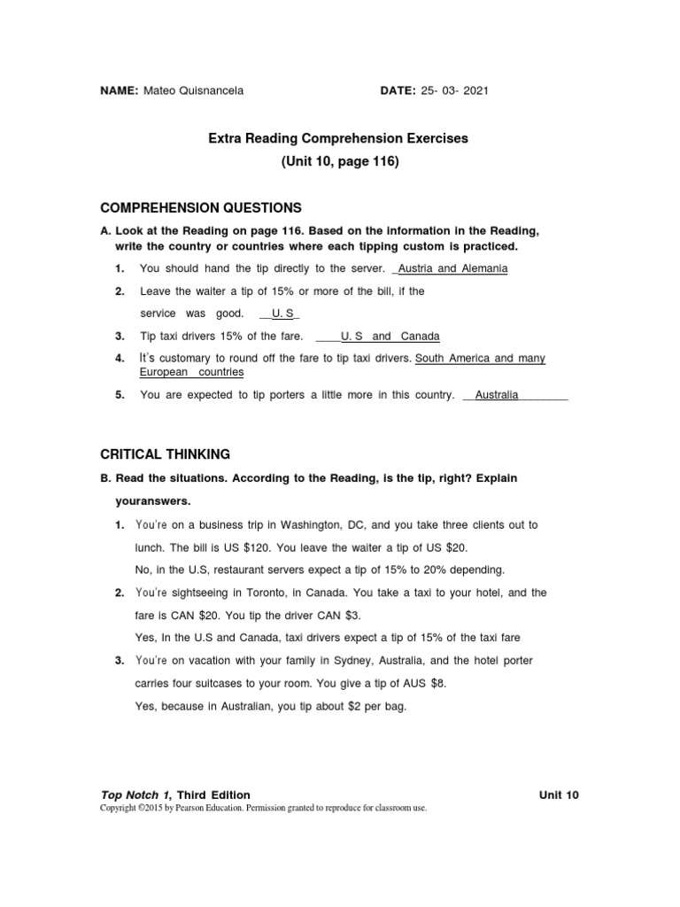 Extra Reading Comprehension Exercises (Unit 10, Page 116) : Top Notch 1 ...