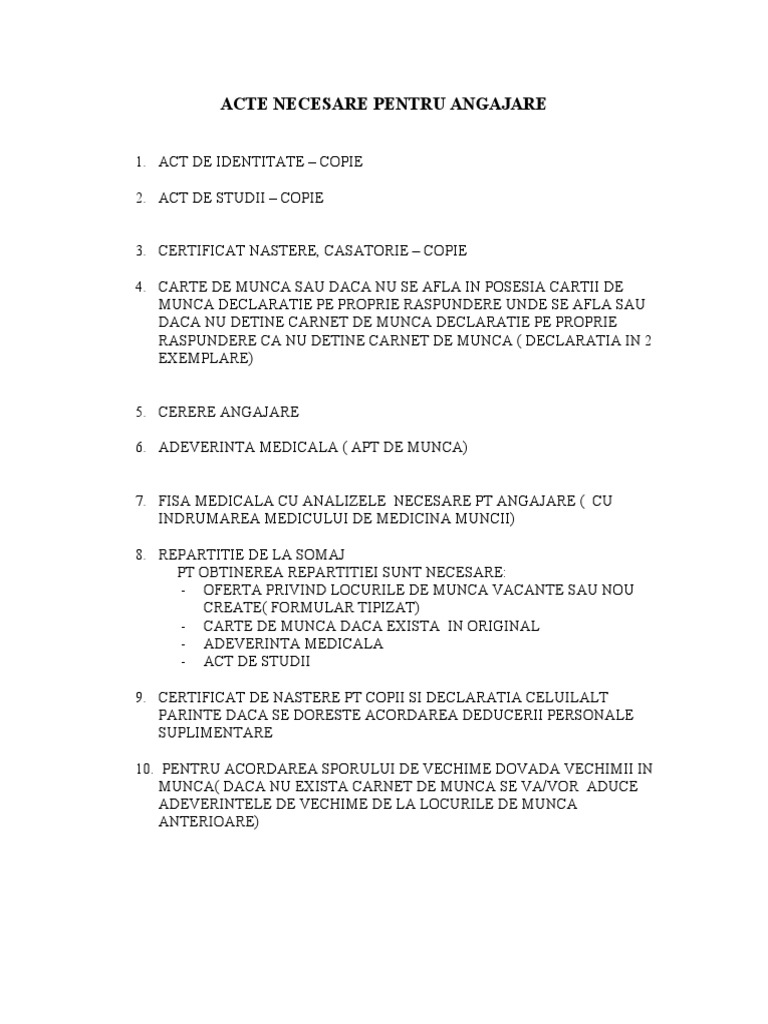 Acte Necesare Pentru Angajare