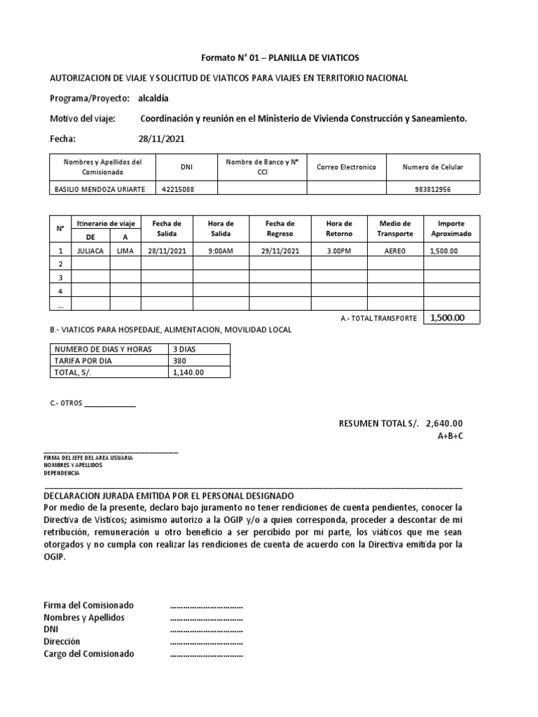 Formato de Viaticos | PDF