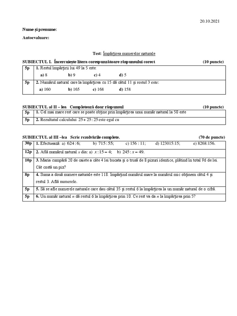 Test Clasa 5 Impartire Semestrul 1 | PDF