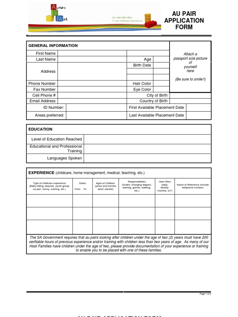 AU PAIR Application Form | PDF | Child Care | Relationships