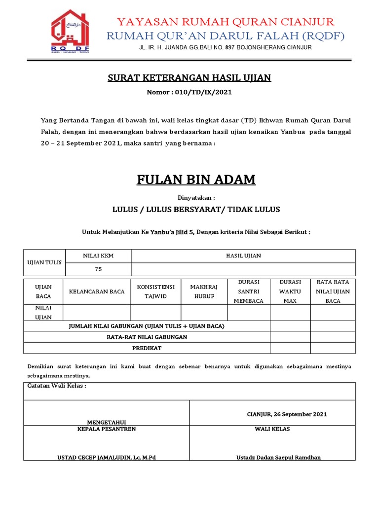 Format Hasil Ujian Yanbua | PDF
