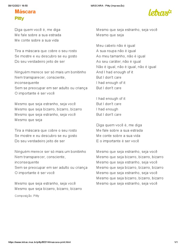 MÁSCARA - Pitty (Impressão) | PDF