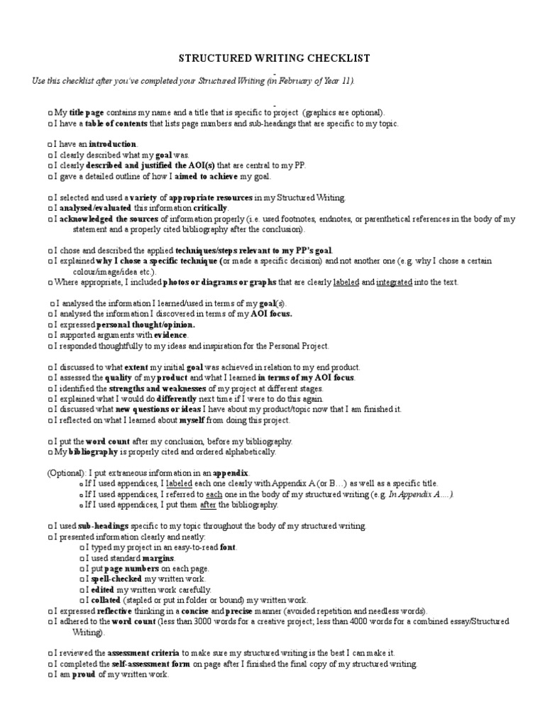 Structured Writing Checklist | PDF | Goal | Note (Typography)