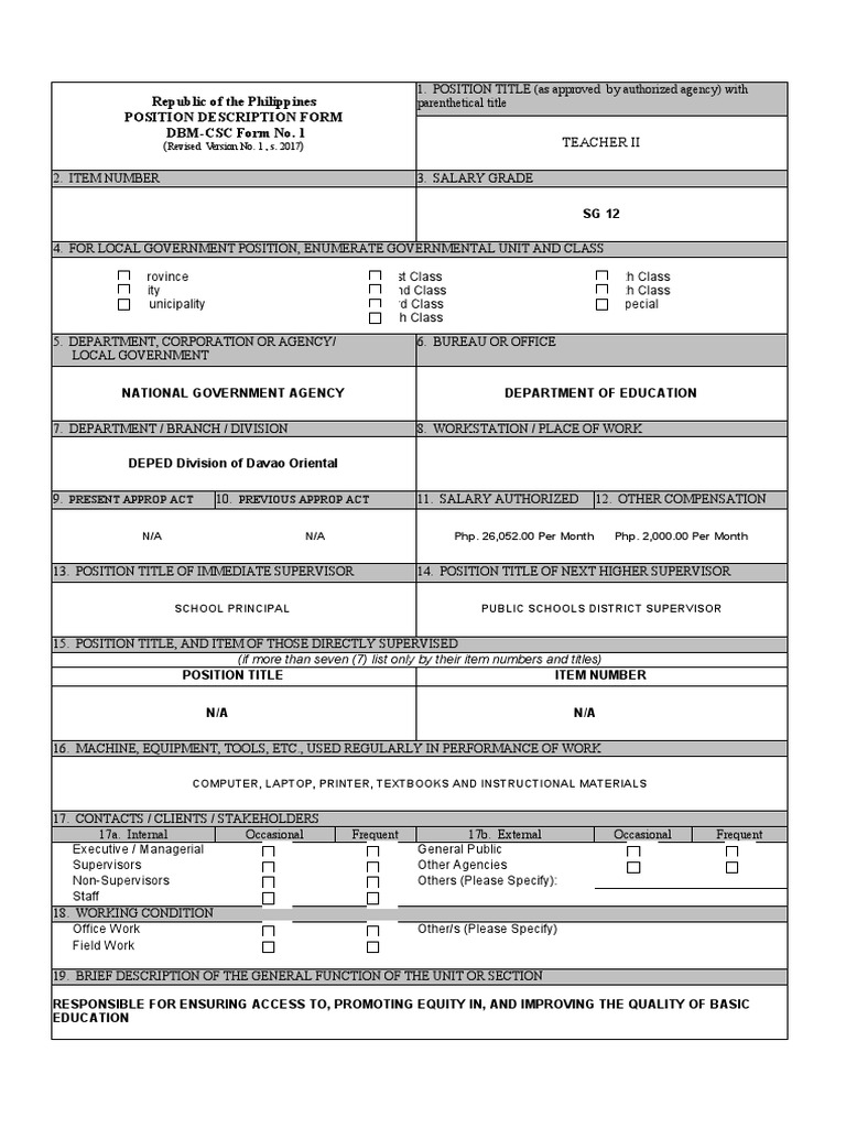Republic of The Philippines Position Description Form DBM-CSC Form No ...