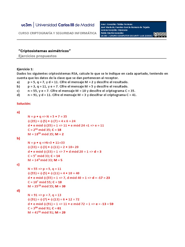 Ejercicios L7 Criptosistemas Asimetricos Soluciones | PDF | Clave (criptografía) | Criptografía